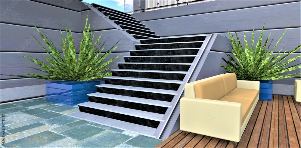 Metal stairs up from the rest zone. Aluminium facade. Baige soft sofa ...