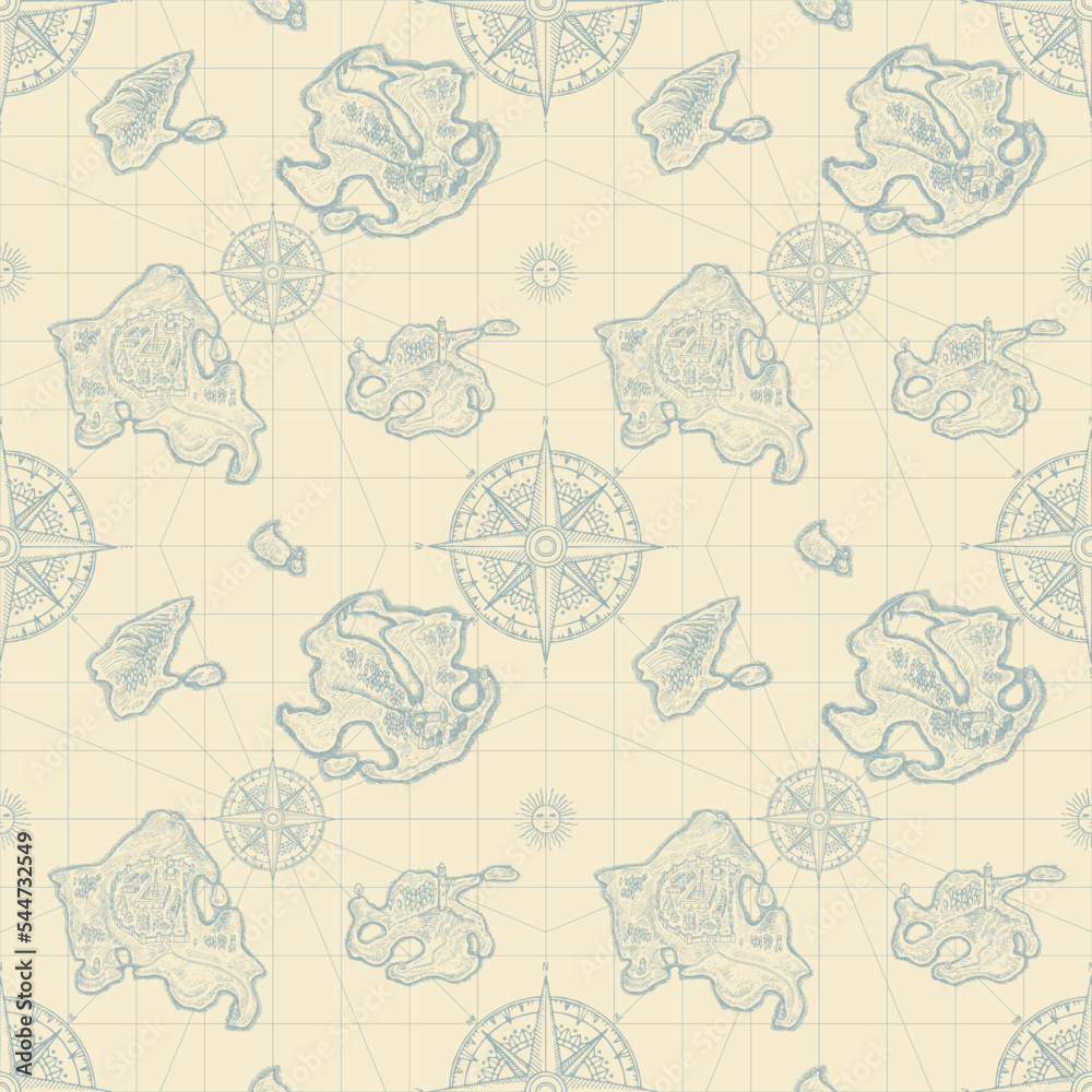 Decorative seamless pattern map with hand-drawn islands and wind roses ...