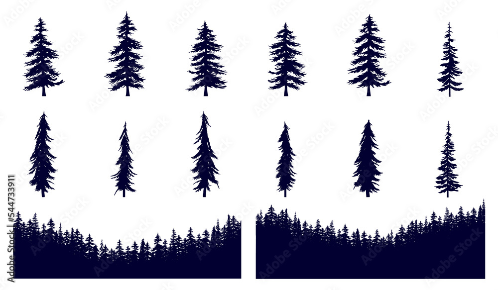 Forest tree and landscape vector objects on white background Stock ...