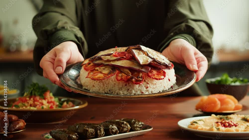 Maqluba dish close-up, rice and vegetables, Arabian national ...