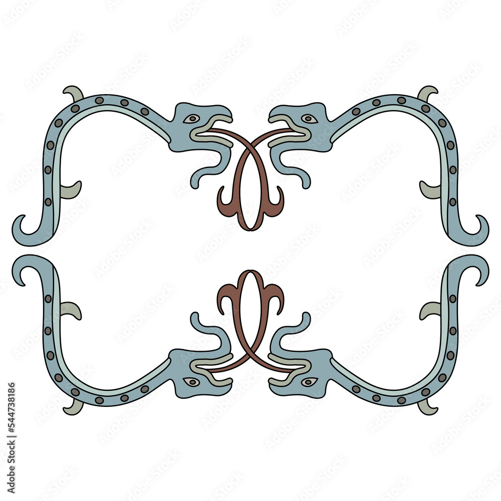 Ornate animal frame with fantastic snakes or dragons with protruded ...