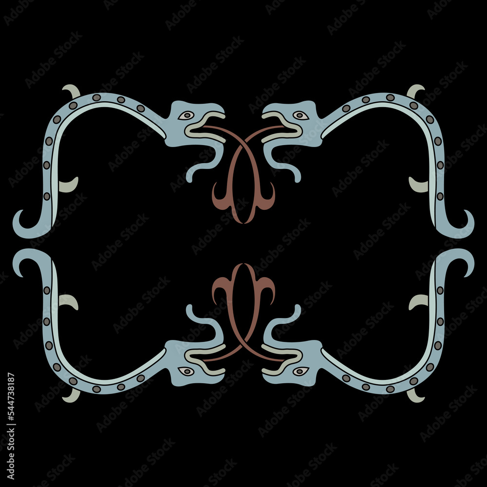Ornate animal frame with fantastic snakes or dragons with protruded ...