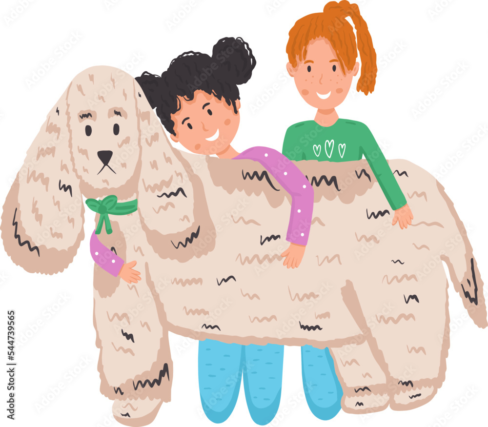 Little girls hugging big fluffy dog. Vector cartoon illustration vector ...