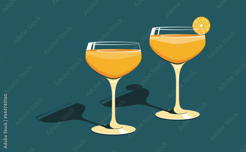 Two glasses of cocktails with orange garnish drawing in high contrast ...