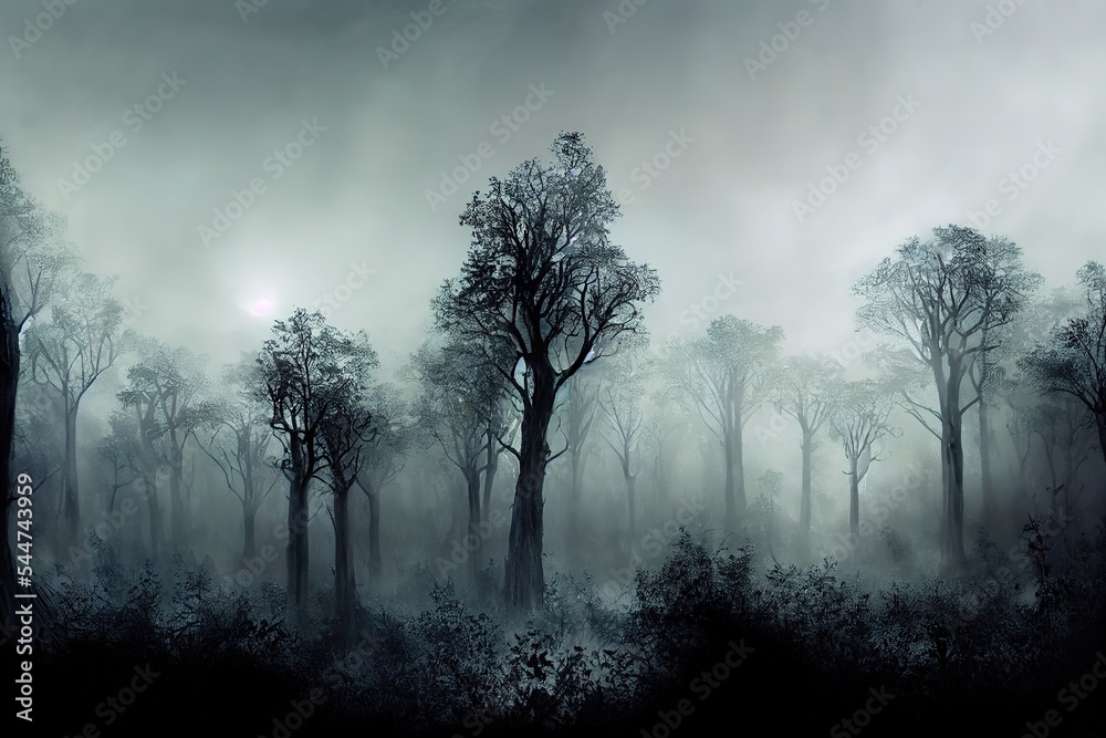 A creepy, fantasy forest of trees, back lighted with spooky, glowing ...