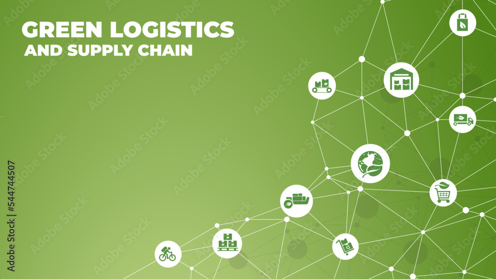 green logistics and supply chain vector illustration. Concept with connected icons related to ...
