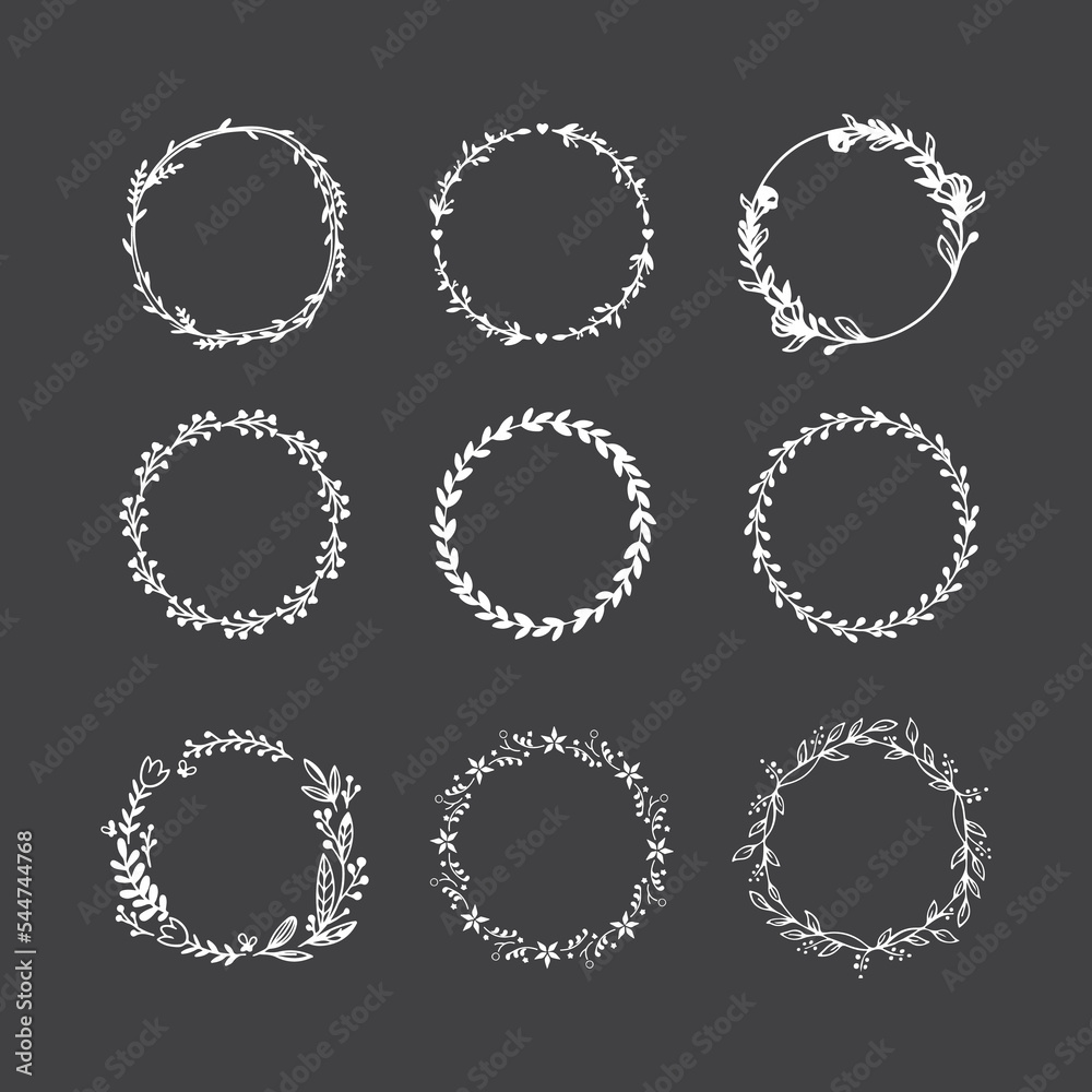 Botanical circle frame. Hand drawn round line border, leaves and ...