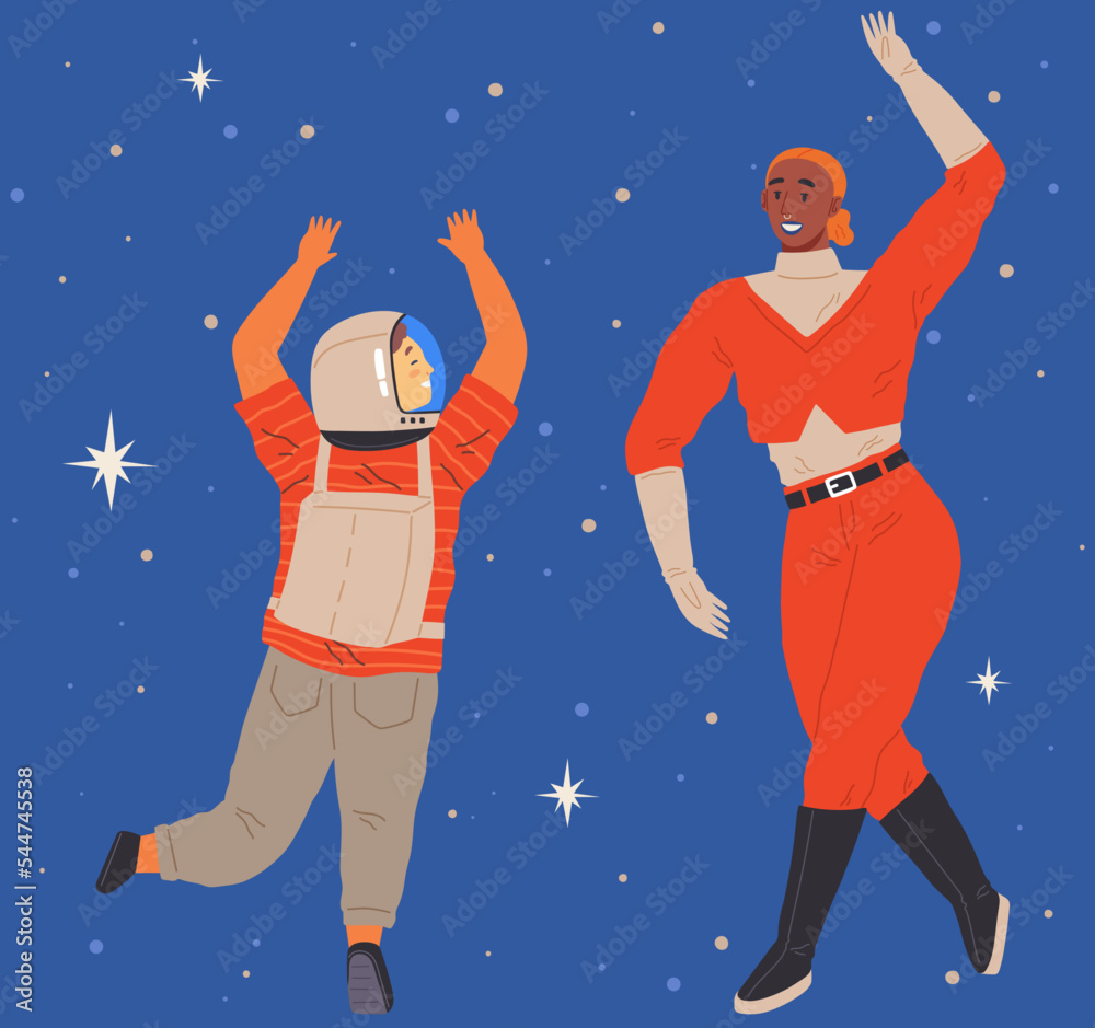 Animators at birthday party in cosmic style. Theme party in costumes ...