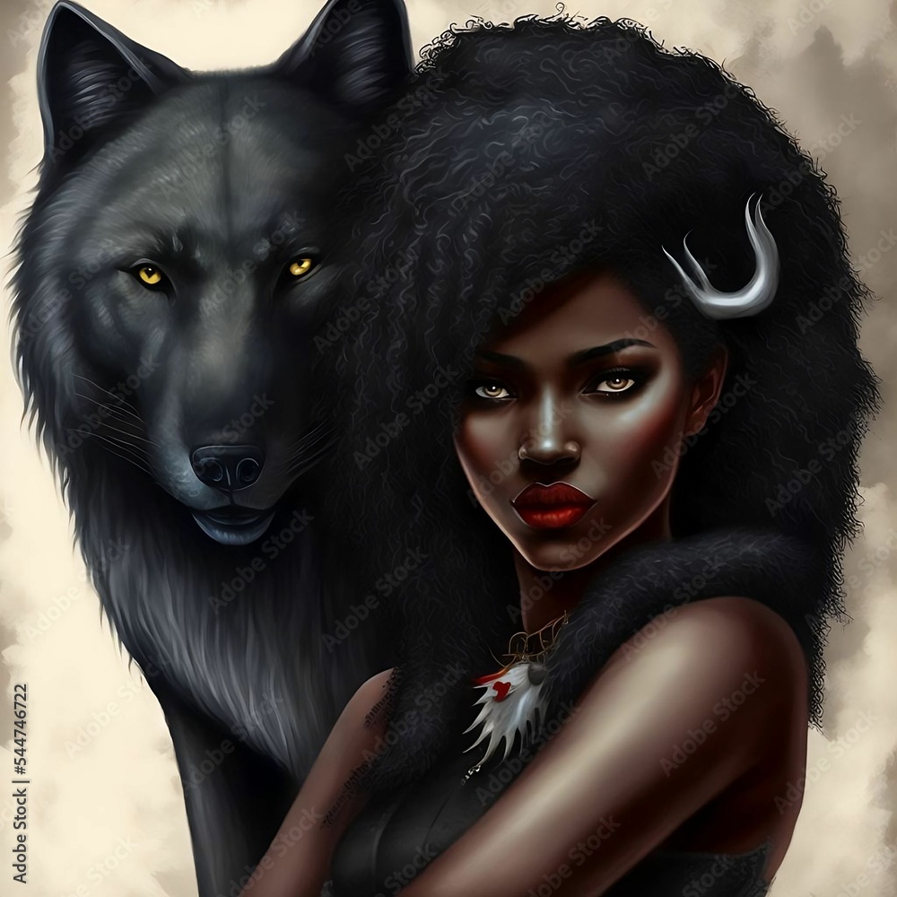 Black Woman With Wolf | Fantasy Fiction Spirit Animal Concept | Created ...