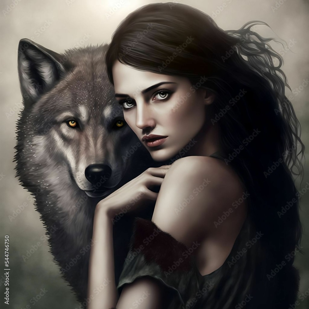 White Woman With Wolf | Fantasy Fiction Spirit Animal Concept | Created ...