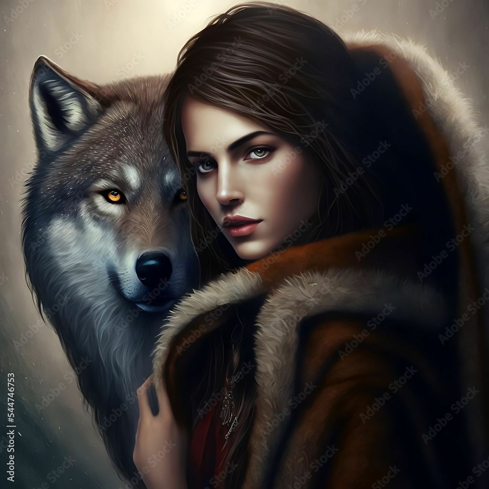 White Woman Wearing Fur Coat With Wolf | Fantasy Fiction Spirit Animal ...