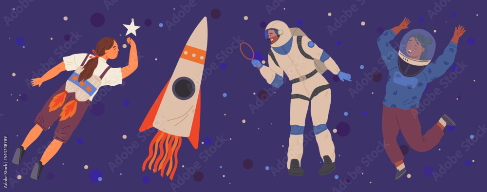 Set of happy people in different costumes for space party. Characters ...