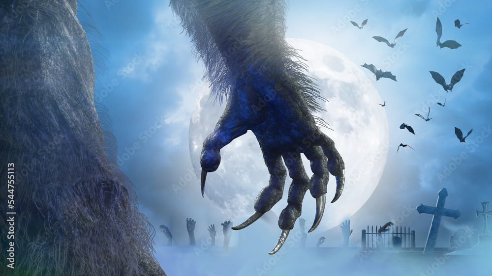 scary monster hand, furry werewolf paw for halloween background render ...