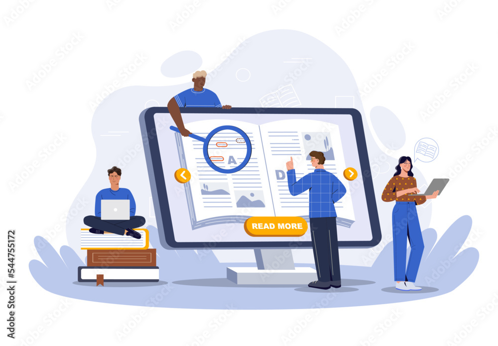 Online reading concept. Men and women near computer screen with ...