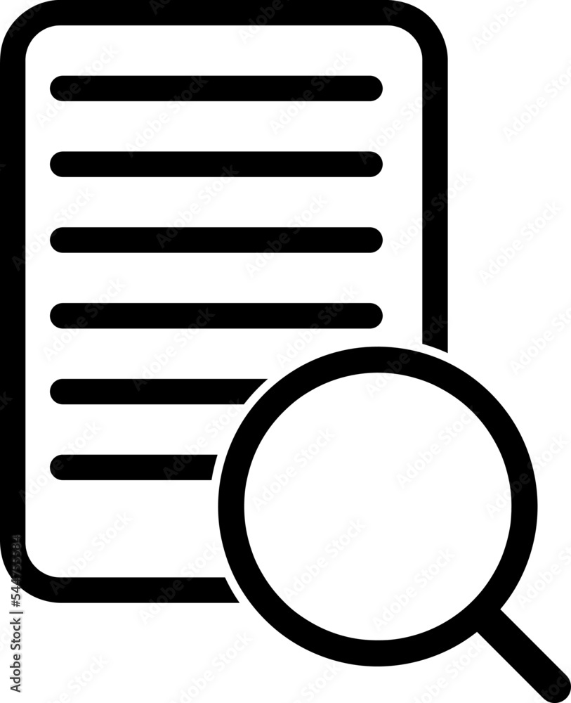File search icon. Document page with magnifier tool symbol. Report ...