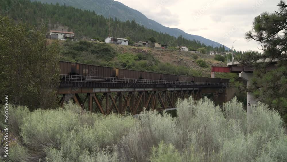 Rail Bridge and Train in Lytton BC 4K UHD. Train cars crossing a rail ...
