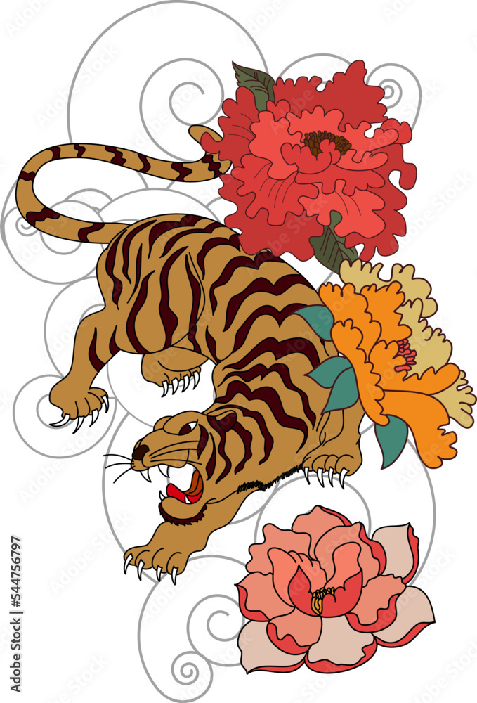 Doodle art style tiger face with cherry flower and rising sun tattoo ...