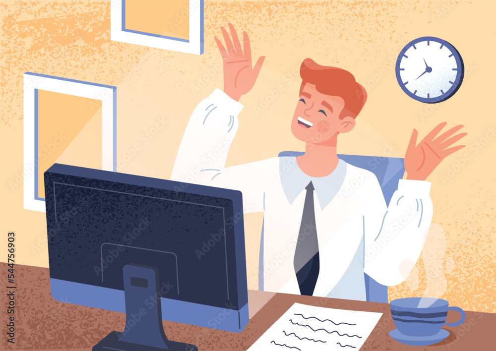 Employee at work desk. Man looks at screen of monitor. Young guy with ...