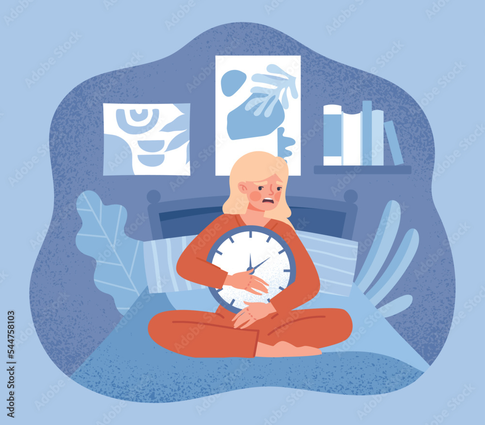 Sleep disorder concept. Woman sitting on bed with clock in her hands ...
