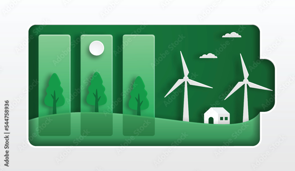 Design for an eco friendly banner, a battery shape with city and garden ...