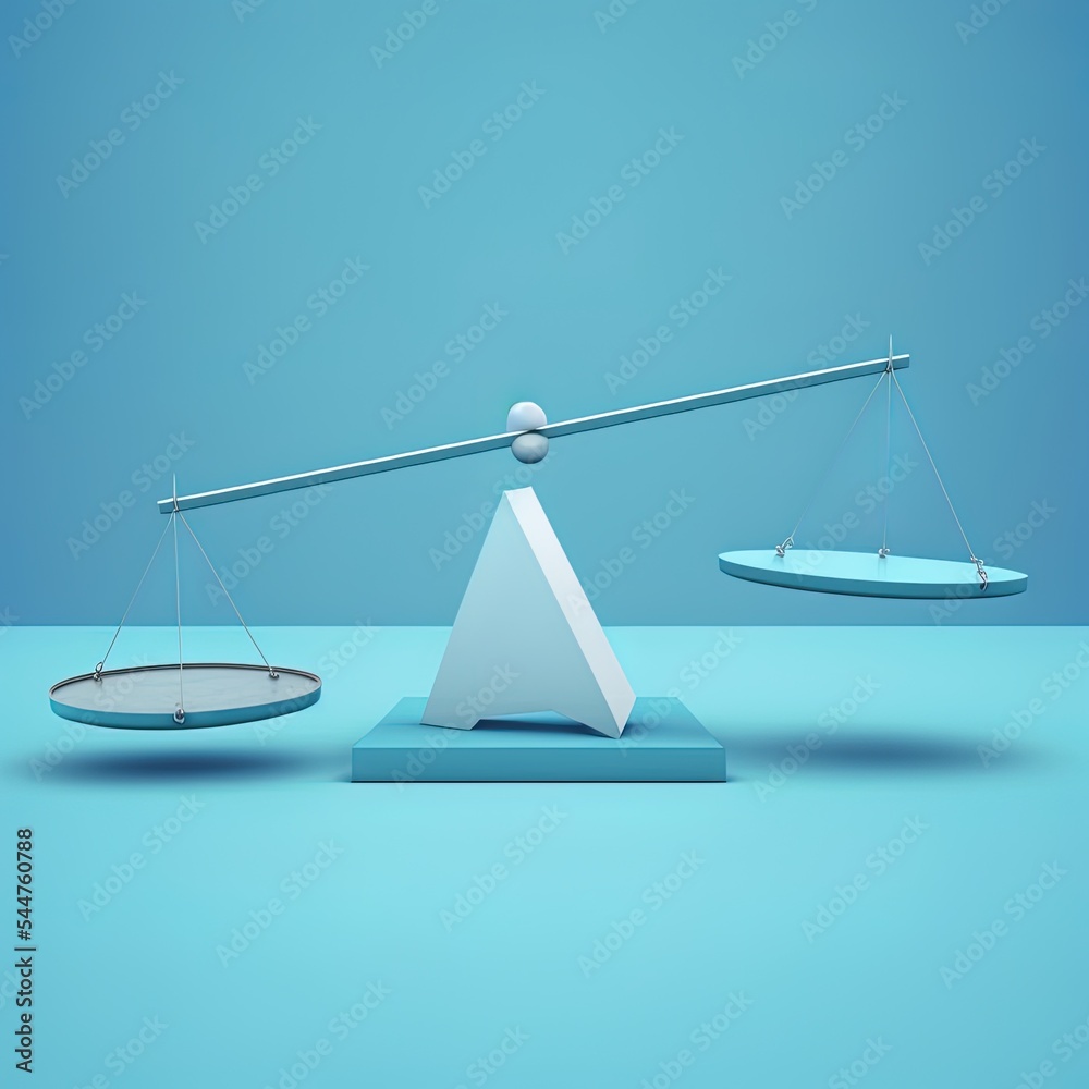 3D see saw balance isolated on blue background. The seesaw has a pivot point in the middle of ...