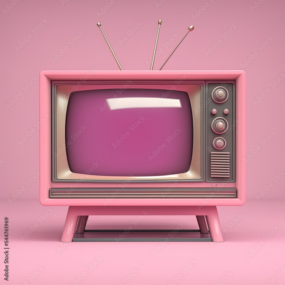 3d pink retro television on pink background, vintage old tv receiver, social media filter photo ...