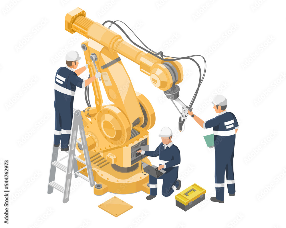 Maintenance mechanical engineering service team fixing robot hand in ...