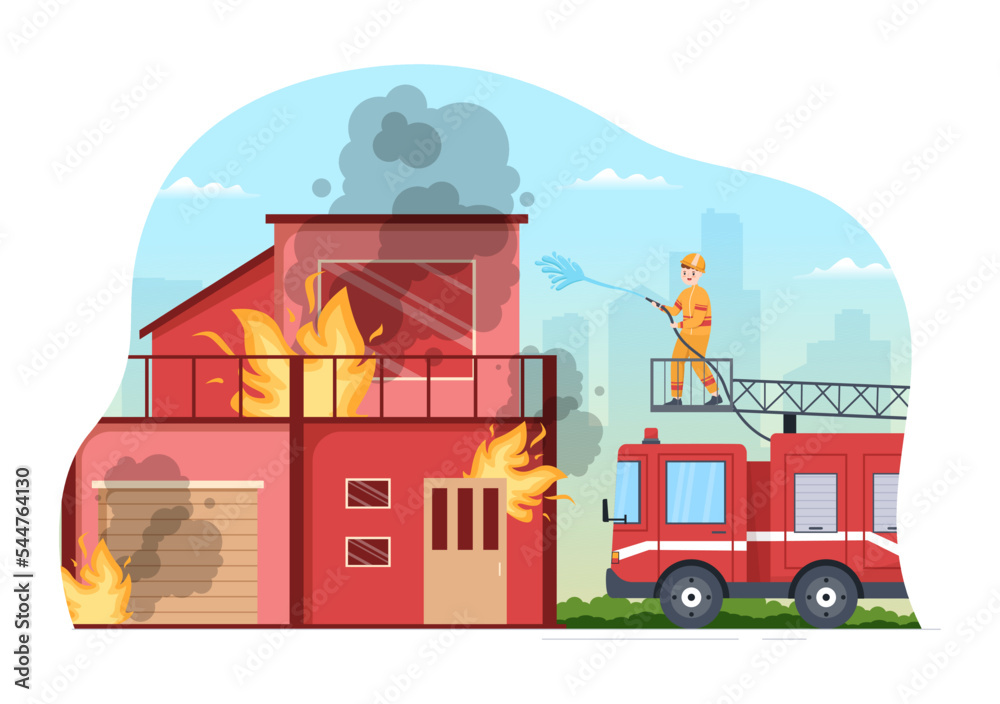 Fire Department with Firefighters Extinguishing House, Forest and ...