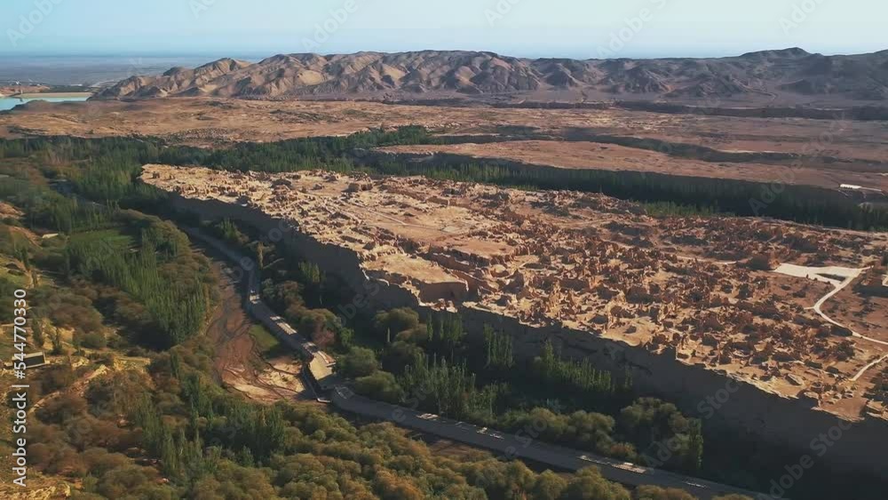 Aerial view of a ruined desert city. Archaeological Historic Site of ...