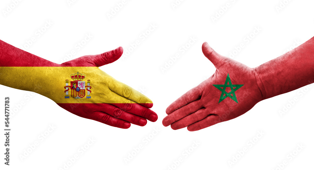 Handshake between Morocco and Spain flags painted on hands, isolated ...