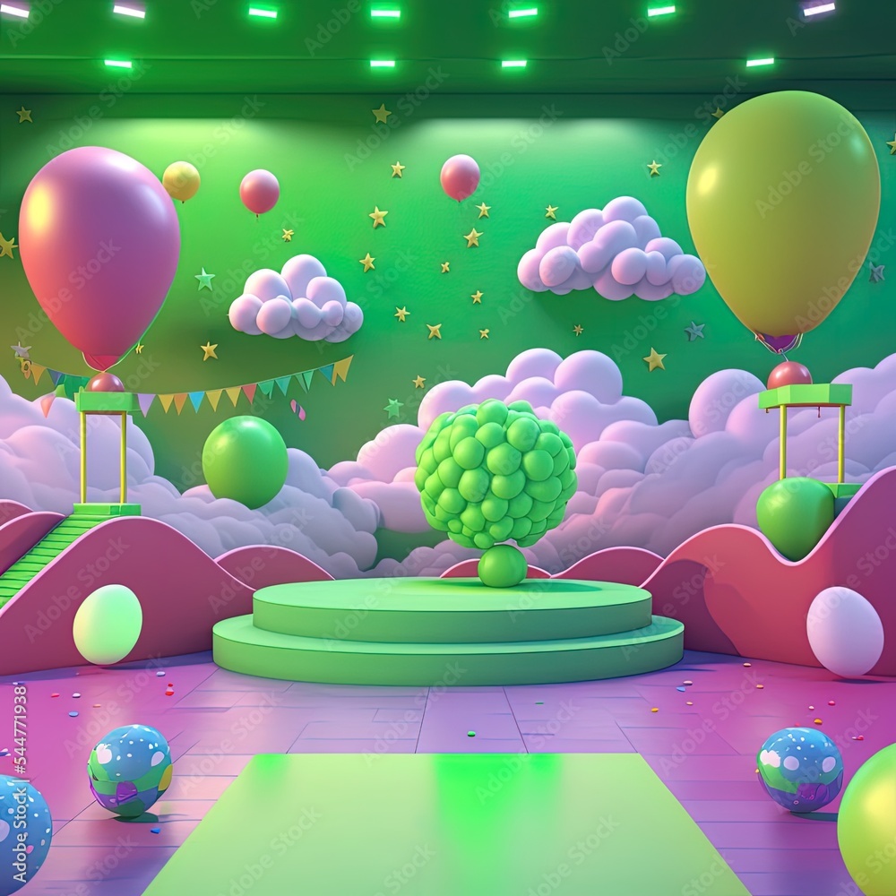 stage podium party birthday kid cute theme. colorful cloud night sky ...
