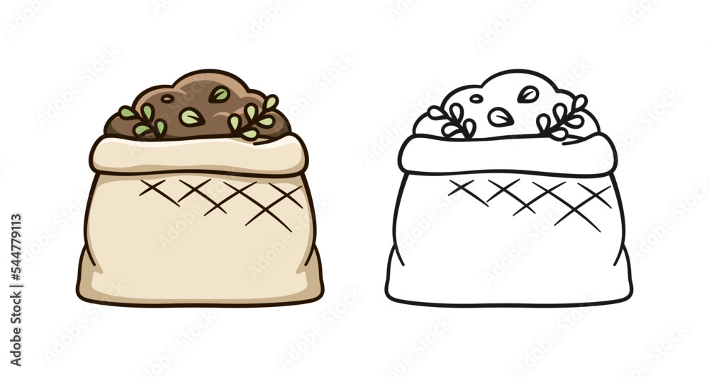 Burlap sack full of dirt and soil cute cartoon outline line art ...
