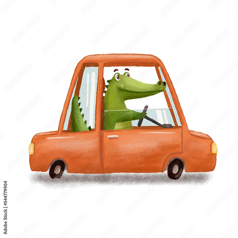 Cute Crocodile driving red car. Funny Alligator isolated on white ...
