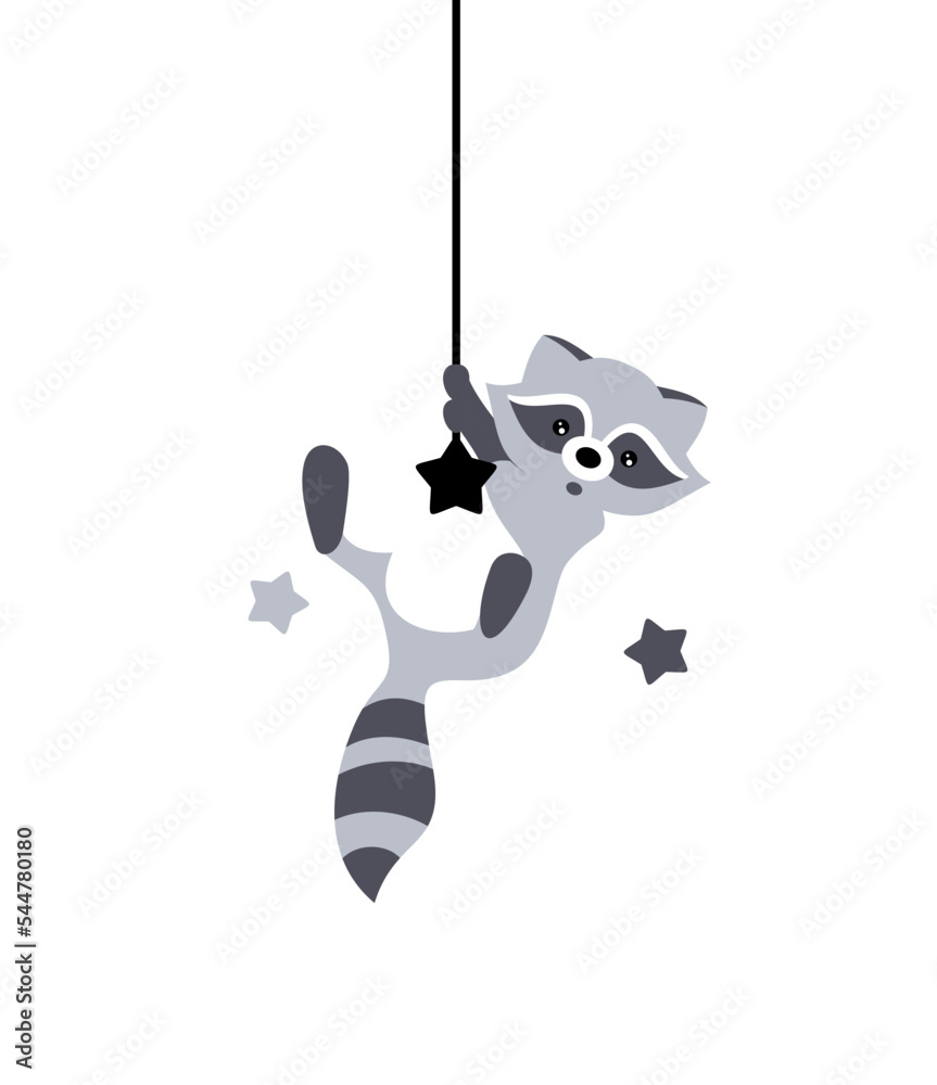 Vector illustration with cartoon gray raccoon on a white background ...