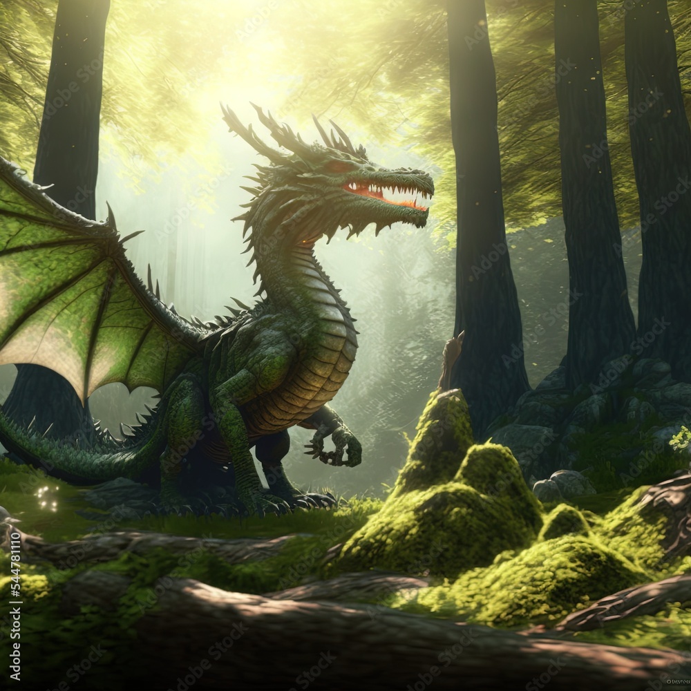 A mighty forest dragon stands majestically in the sunlight, in the ...