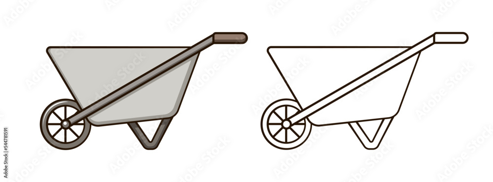 Empty steel wheelbarrow cute cartoon outline line art illustration ...