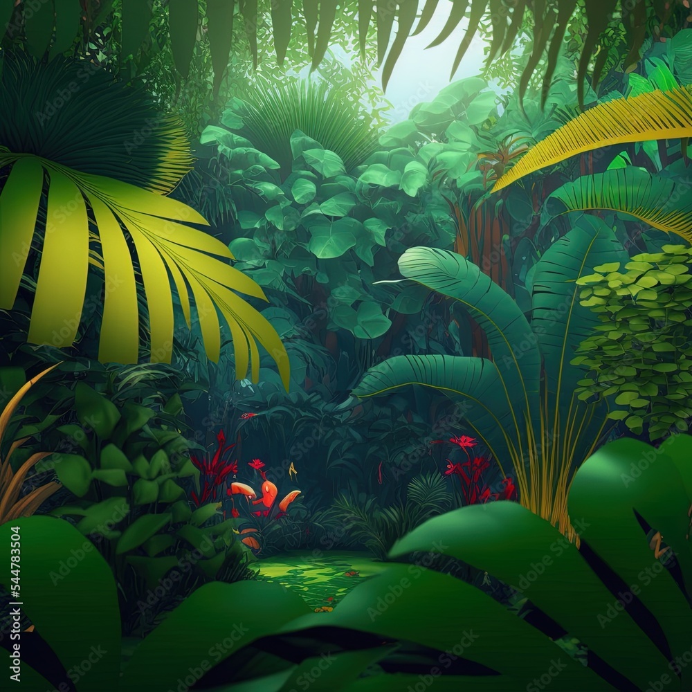 Raster illustration of beautiful cartoon impenetrable jungle. Tropical ...