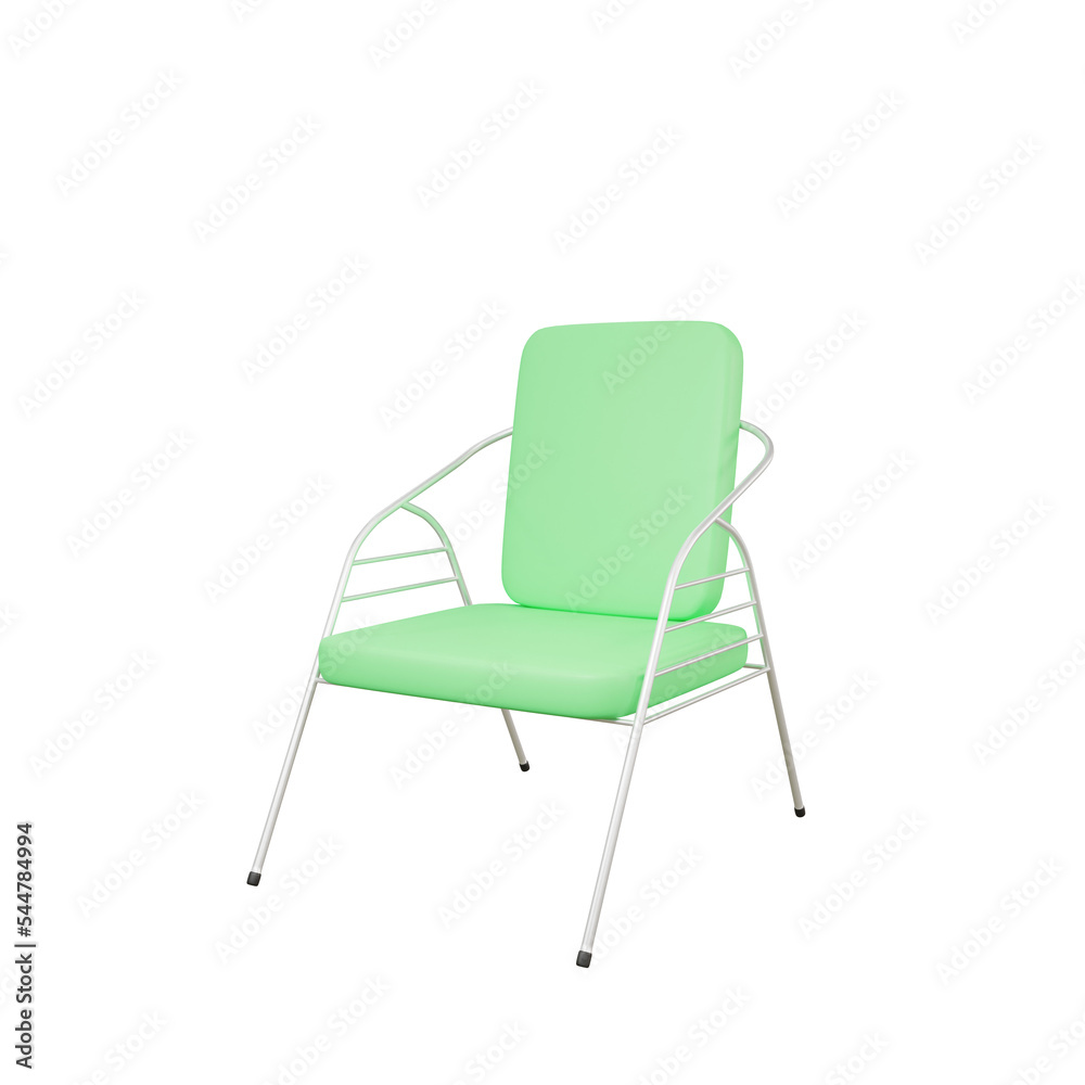 3D realistic chair. A white steel frame chair with green cushions, mock ...