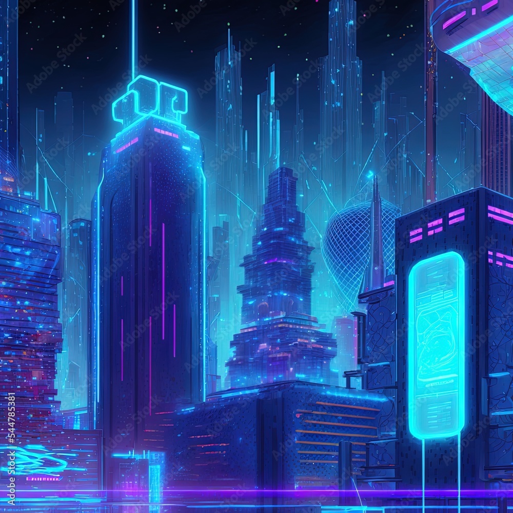 Raster illustration of night city with neon glow. City with holograms ...