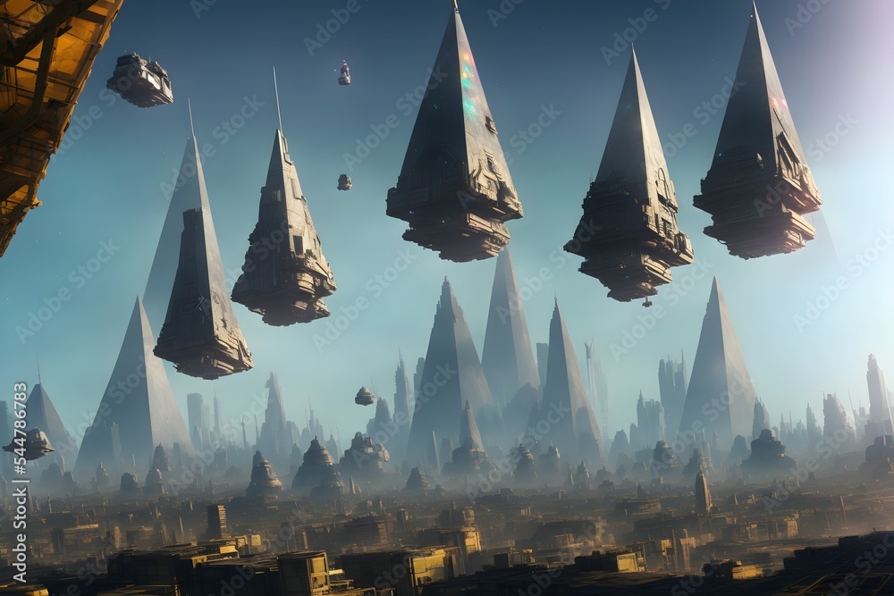Futurisctic city with flying piramids 3d render 3d illustration Stock ...