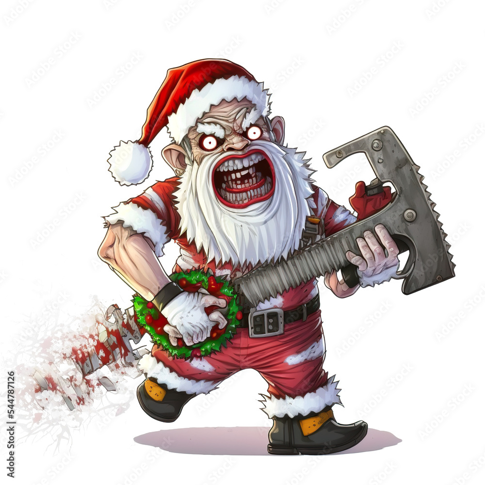 Santa claus chainsaw zombie in cartoon funny style. Christmas logo ...