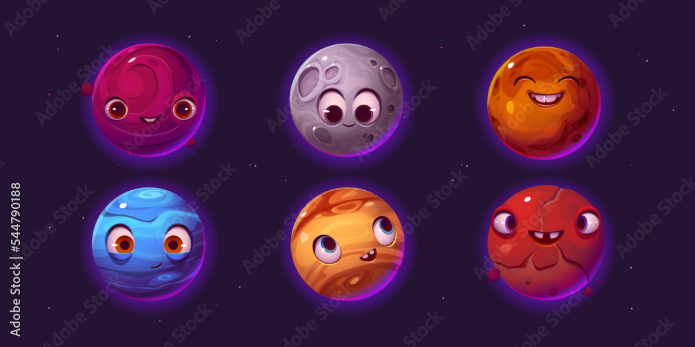 Cute planets cartoon characters, fantasy ui space game cosmic objects ...