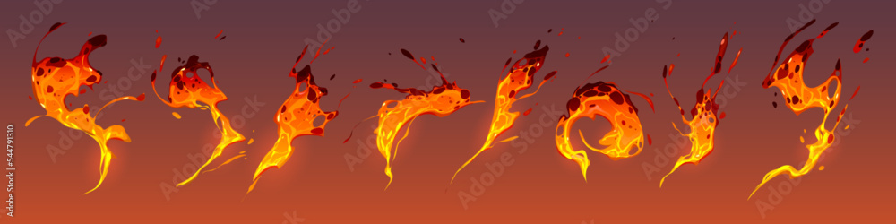 Liquid lava splashes with fire and drops. Molten magma waves and ...