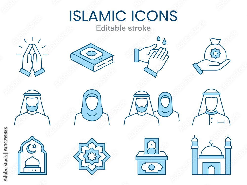 Arabic icons, such as islam, quran, people, muslim and more. Editable ...
