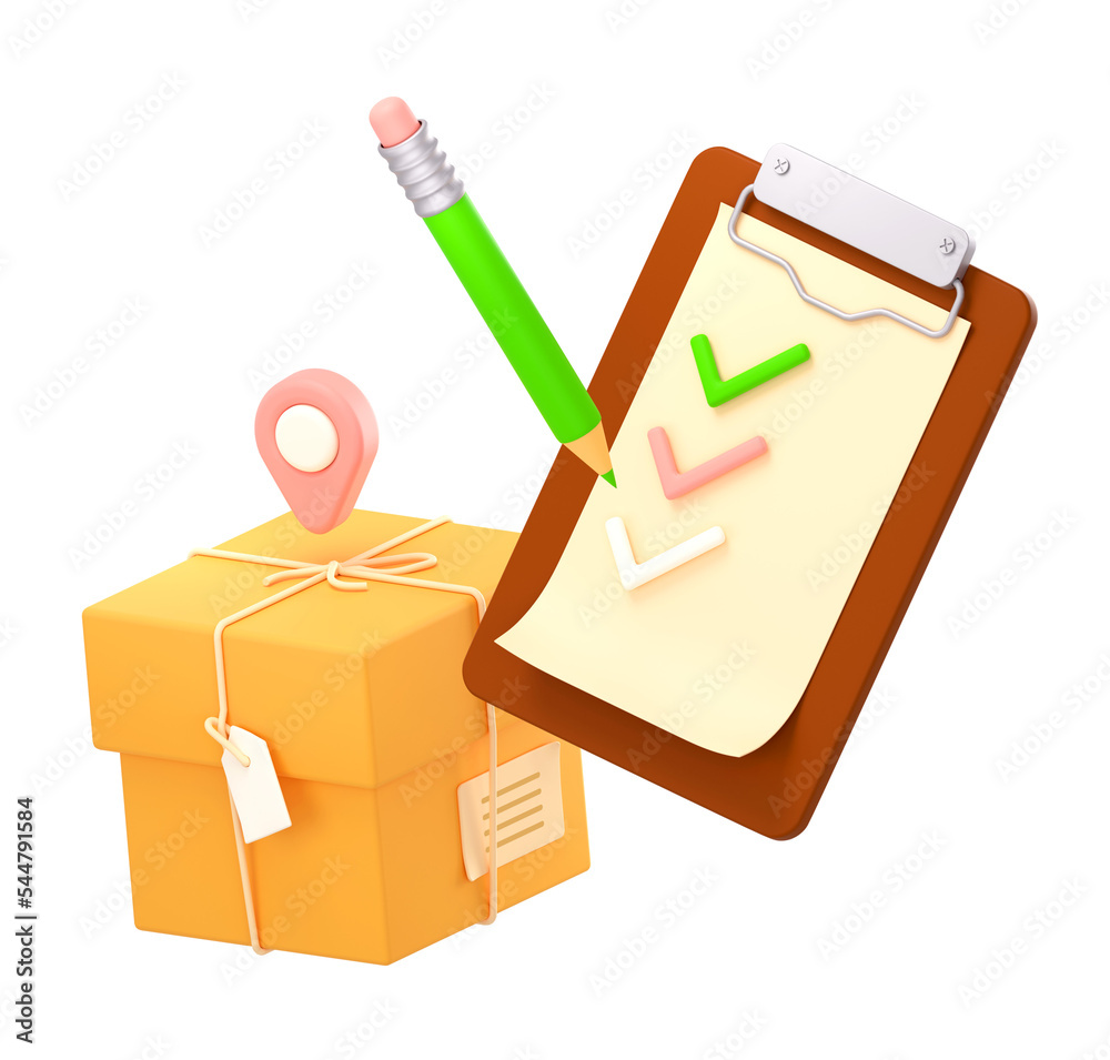 Cardboard box with cargo, checklist on clipboard and pencil. Warehouse ...