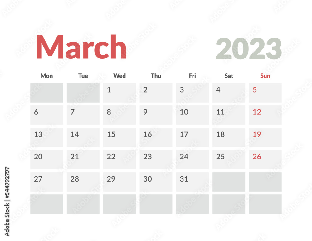 Monthly Calendar Template of march 2023. Vector layout simple calendar ...