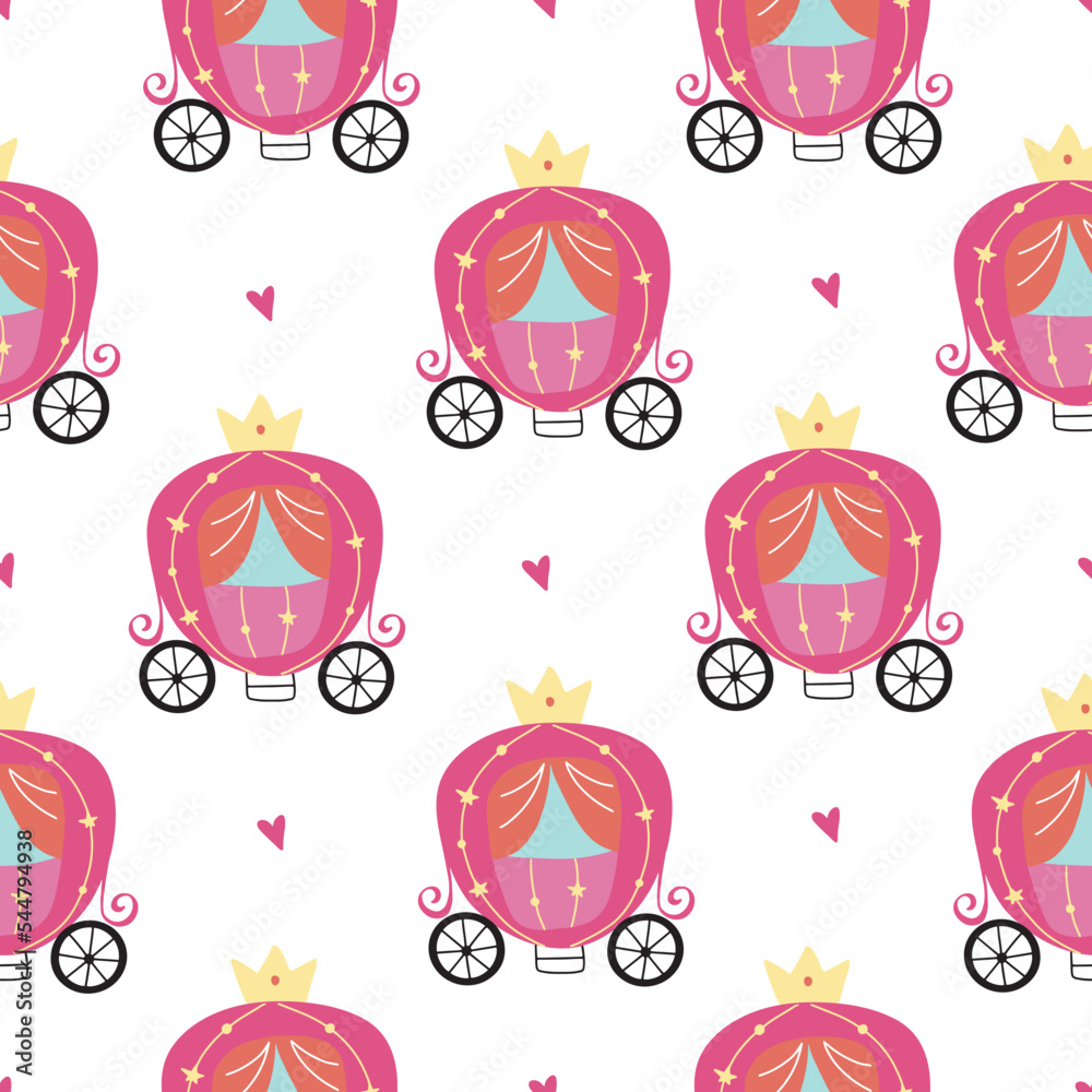 Childish seamless pattern of princess carriage hand drawn on white ...