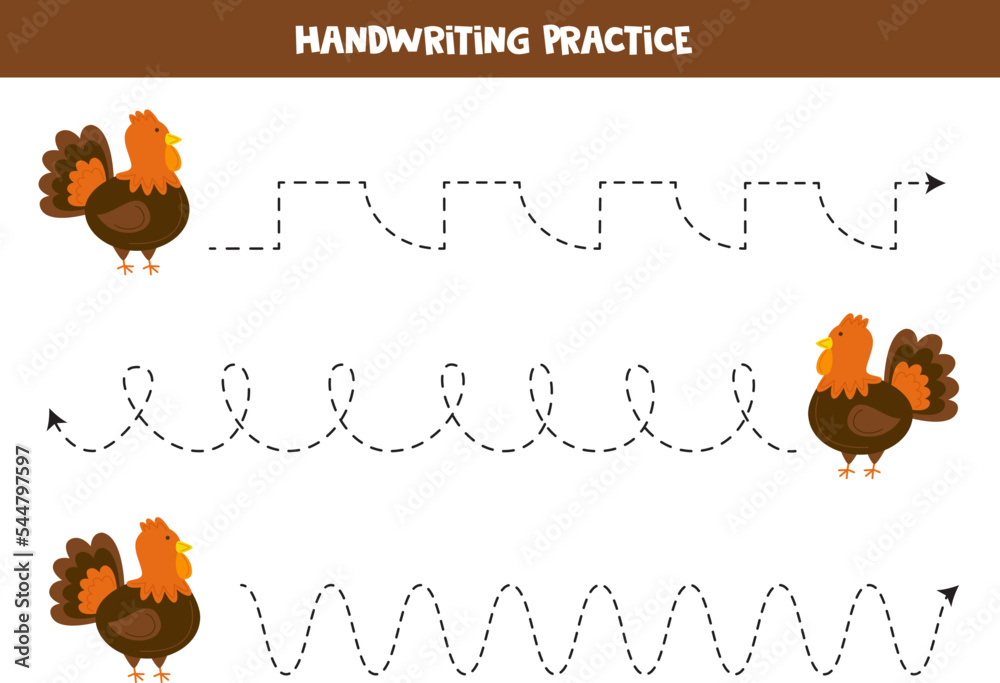 Tracing lines for kids. Cute turkey. Writing practice. Stock Vector ...