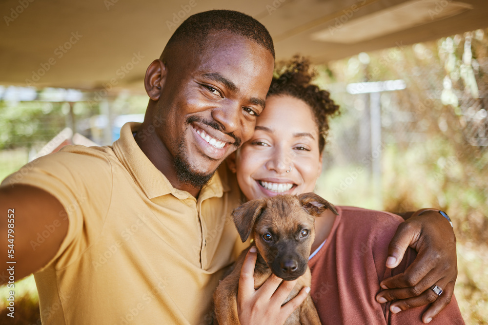 Love, dog and selfie with a couple and their adopted pet posing for a ...