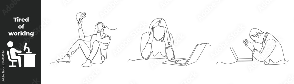 Continuous one line drawing fatigue set concept at work. Workers are ...